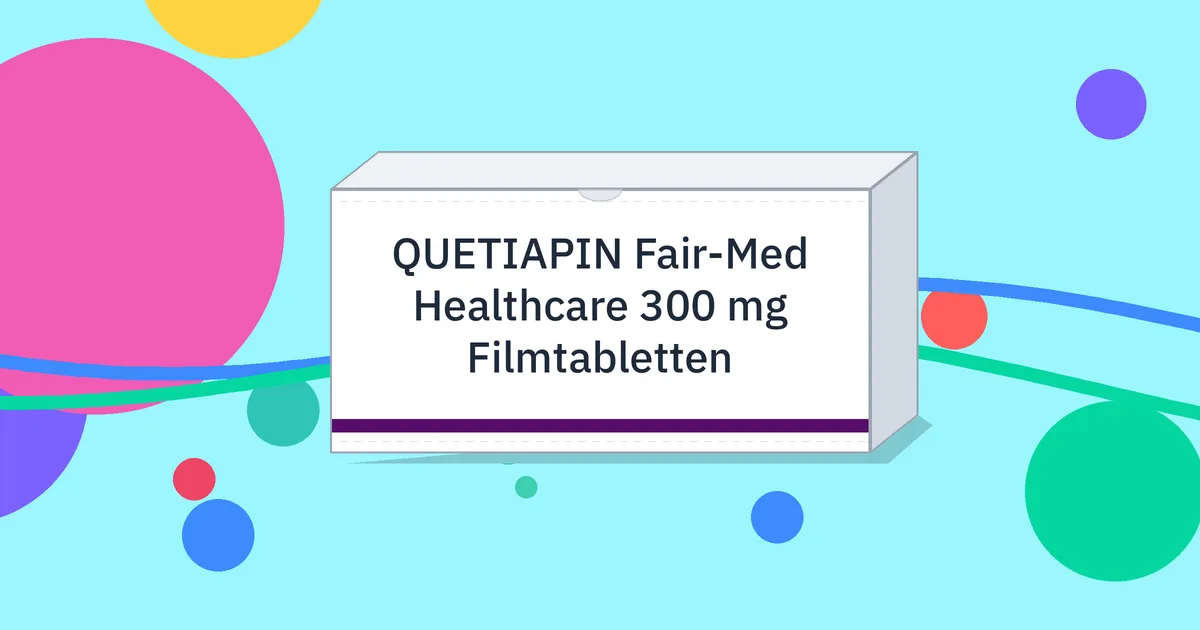 Symbolbild: Packung mit der Aufschrift QUETIAPIN Fair-Med Healthcare 300 mg Filmtabletten (PZN 14167910) – Verfügbarkeit und Bezug in Apotheken in Frankfurt am Main