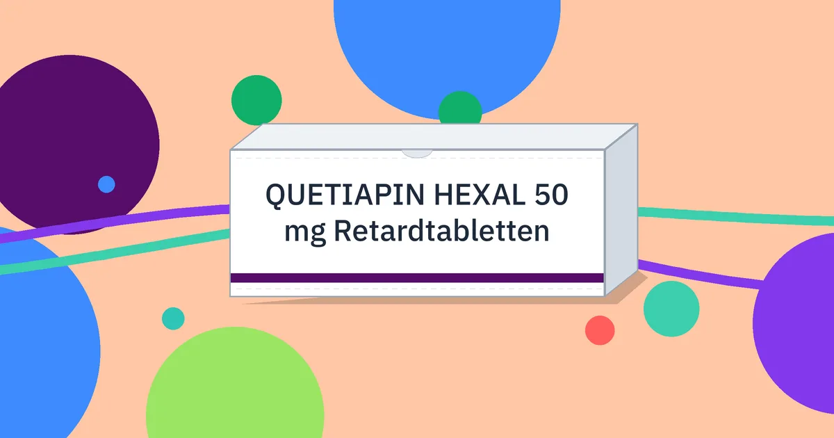 Symbolbild: Packung mit der Aufschrift QUETIAPIN HEXAL 50 mg Retardtabletten (PZN 09637621) – Verfügbarkeit und Bezug in Apotheken in Frankfurt am Main