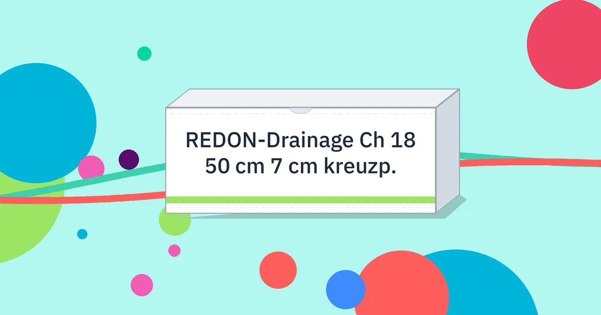 Symbolbild: Packung mit der Aufschrift REDON-Drainage Ch 18 50 cm 7 cm kreuzp. (PZN 17483936) – Verfügbarkeit und Bezug in Apotheken in Frankfurt am Main