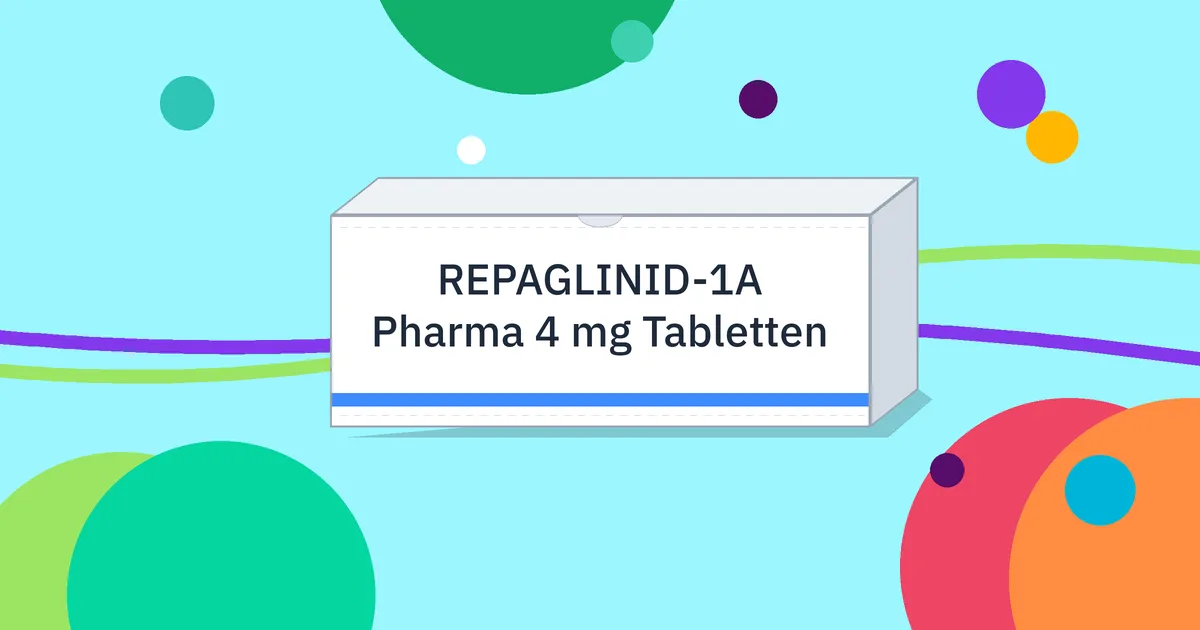 Symbolbild: Packung mit der Aufschrift REPAGLINID-1A Pharma 4 mg Tabletten (PZN 09121277) – Verfügbarkeit und Bezug in Apotheken in Frankfurt am Main