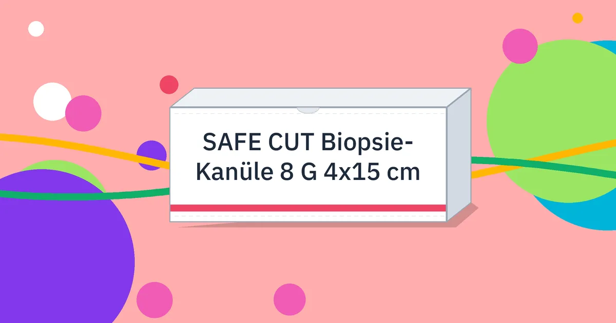 Symbolbild: Packung mit der Aufschrift SAFE CUT Biopsie-Kanüle 8 G 4x15 cm (PZN 20085808) – Verfügbarkeit und Bezug in Apotheken in Frankfurt am Main