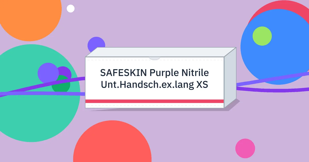Symbolbild: Packung mit der Aufschrift SAFESKIN Purple Nitrile Unt.Handsch.ex.lang XS (PZN 01382044) – Verfügbarkeit und Bezug in Apotheken in Frankfurt am Main