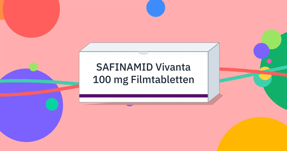 Symbolbild: Packung mit der Aufschrift SAFINAMID Vivanta 100 mg Filmtabletten (PZN 20045542) – Verfügbarkeit und Bezug in Apotheken in Frankfurt am Main