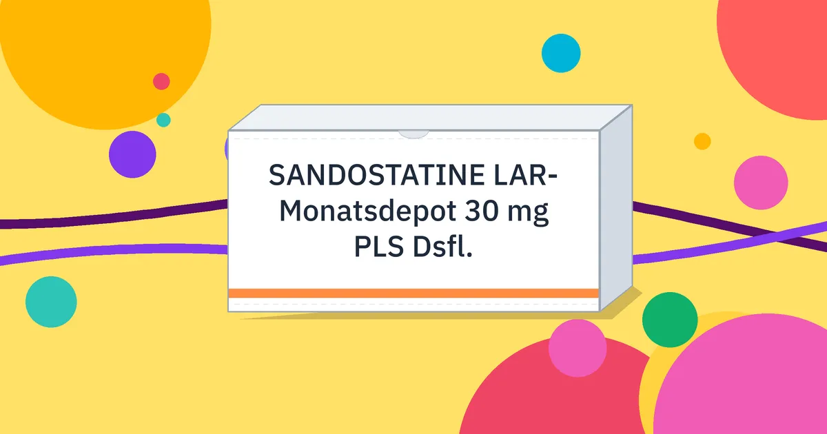Symbolbild: Packung mit der Aufschrift SANDOSTATINE LAR-Monatsdepot 30 mg PLS Dsfl. (PZN 19340164) – Verfügbarkeit und Bezug in Apotheken in Frankfurt am Main