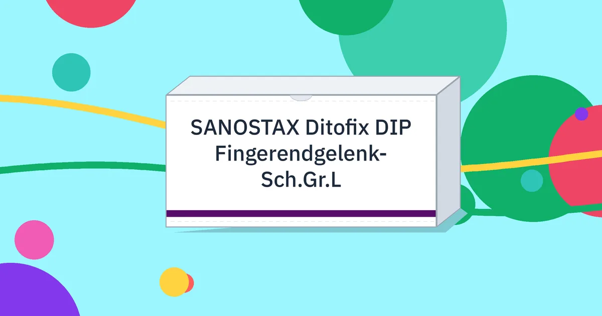 Symbolbild: Packung mit der Aufschrift SANOSTAX Ditofix DIP Fingerendgelenk-Sch.Gr.L (PZN 11604764) – Verfügbarkeit und Bezug in Apotheken in Frankfurt am Main