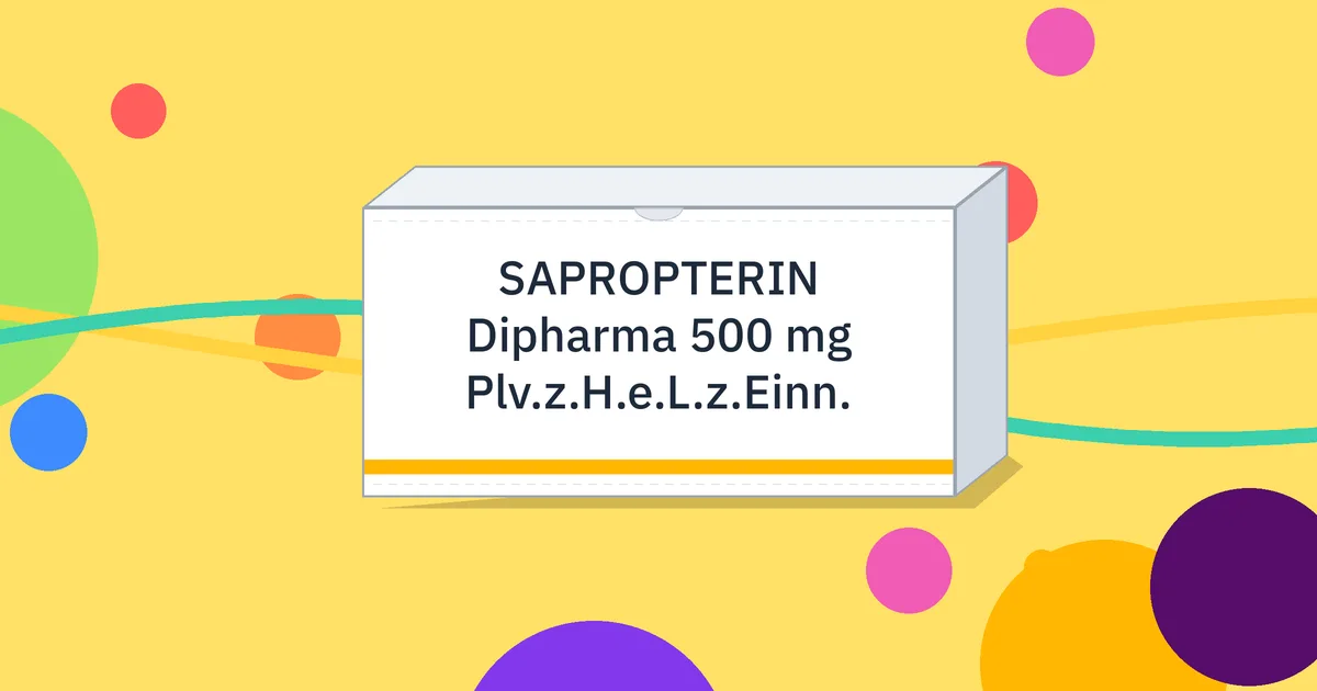 Symbolbild: Packung mit der Aufschrift SAPROPTERIN Dipharma 500 mg Plv.z.H.e.L.z.Einn. (PZN 20044100) – Verfügbarkeit und Bezug in Apotheken in Frankfurt am Main