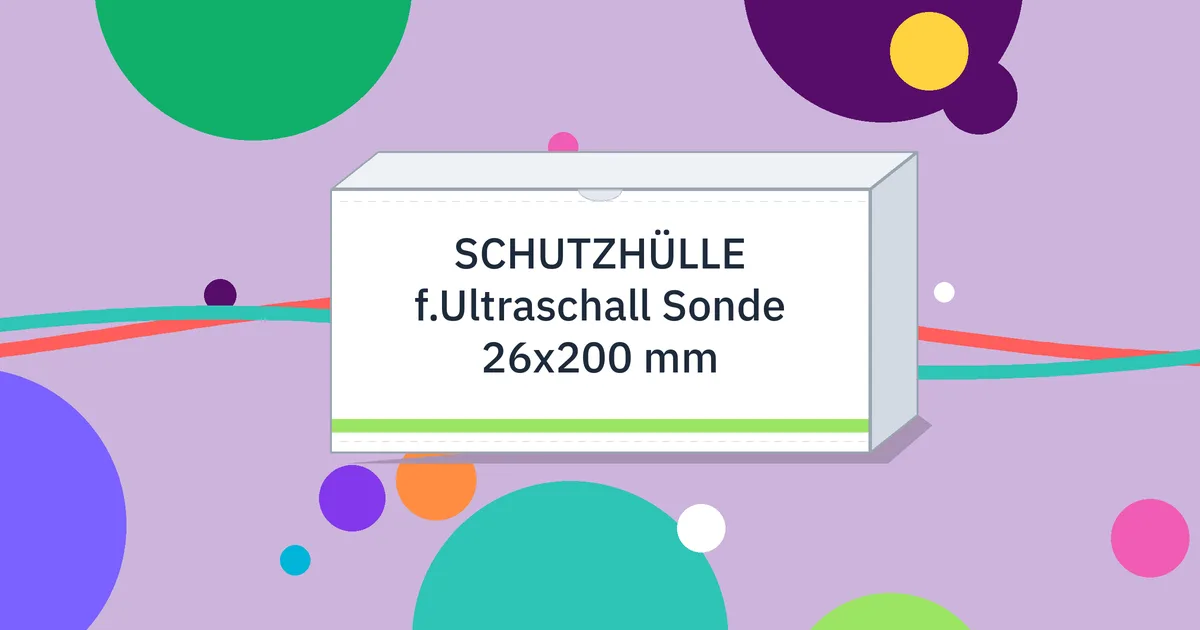 Symbolbild: Packung mit der Aufschrift SCHUTZHÜLLE f.Ultraschall Sonde 26x200 mm (PZN 15740317) – Verfügbarkeit und Bezug in Apotheken in Frankfurt am Main
