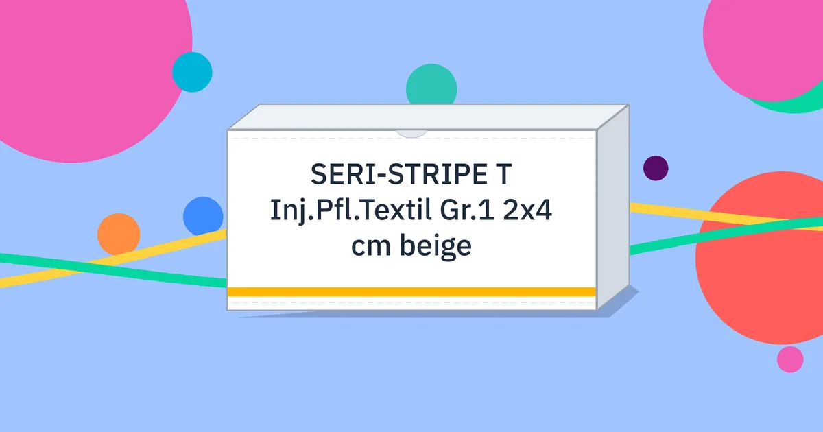 Symbolbild: Packung mit der Aufschrift SERI-STRIPE T Inj.Pfl.Textil Gr.1 2x4 cm beige (PZN 19837226) – Verfügbarkeit und Bezug in Apotheken in Frankfurt am Main