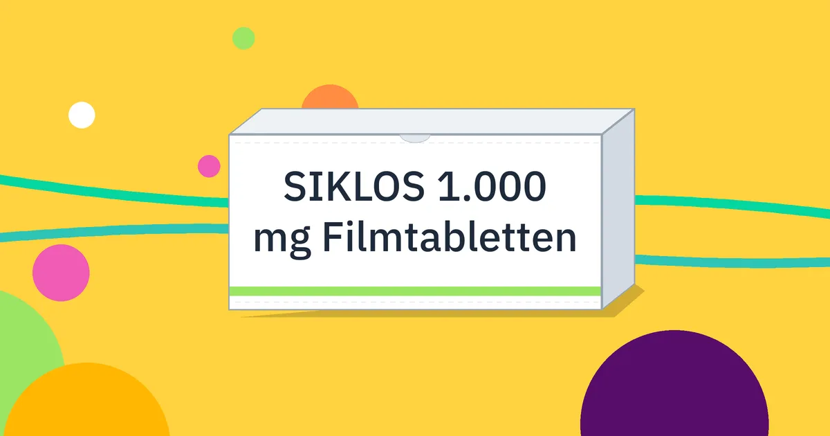 Symbolbild: Packung mit der Aufschrift SIKLOS 1.000 mg Filmtabletten (PZN 13158599) – Verfügbarkeit und Bezug in Apotheken in Frankfurt am Main