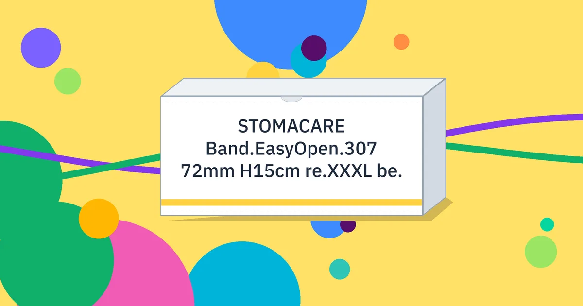 Symbolbild: Packung mit der Aufschrift STOMACARE Band.EasyOpen.307 72mm H15cm re.XXXL be. (PZN 07665748) – Verfügbarkeit und Bezug in Apotheken in Frankfurt am Main