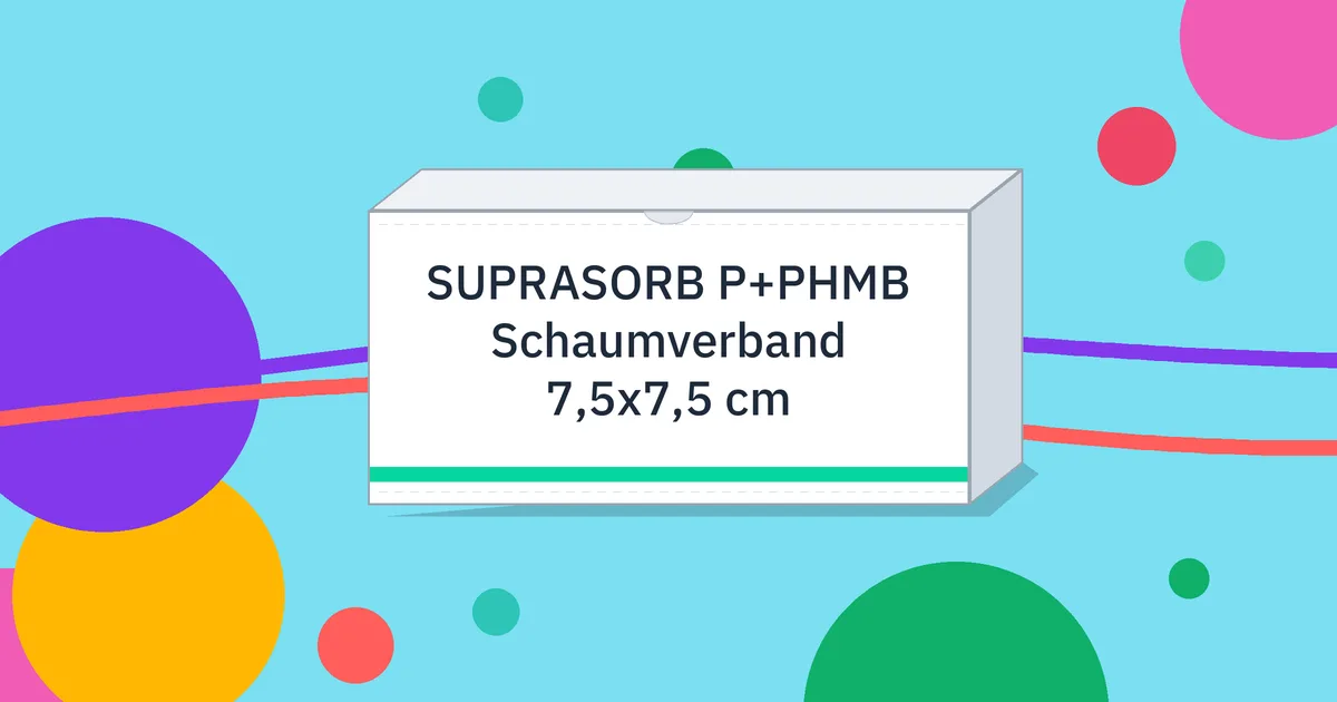 Symbolbild: Packung mit der Aufschrift SUPRASORB P+PHMB Schaumverband 7,5x7,5 cm (PZN 19056032) – Verfügbarkeit und Bezug in Apotheken in Frankfurt am Main