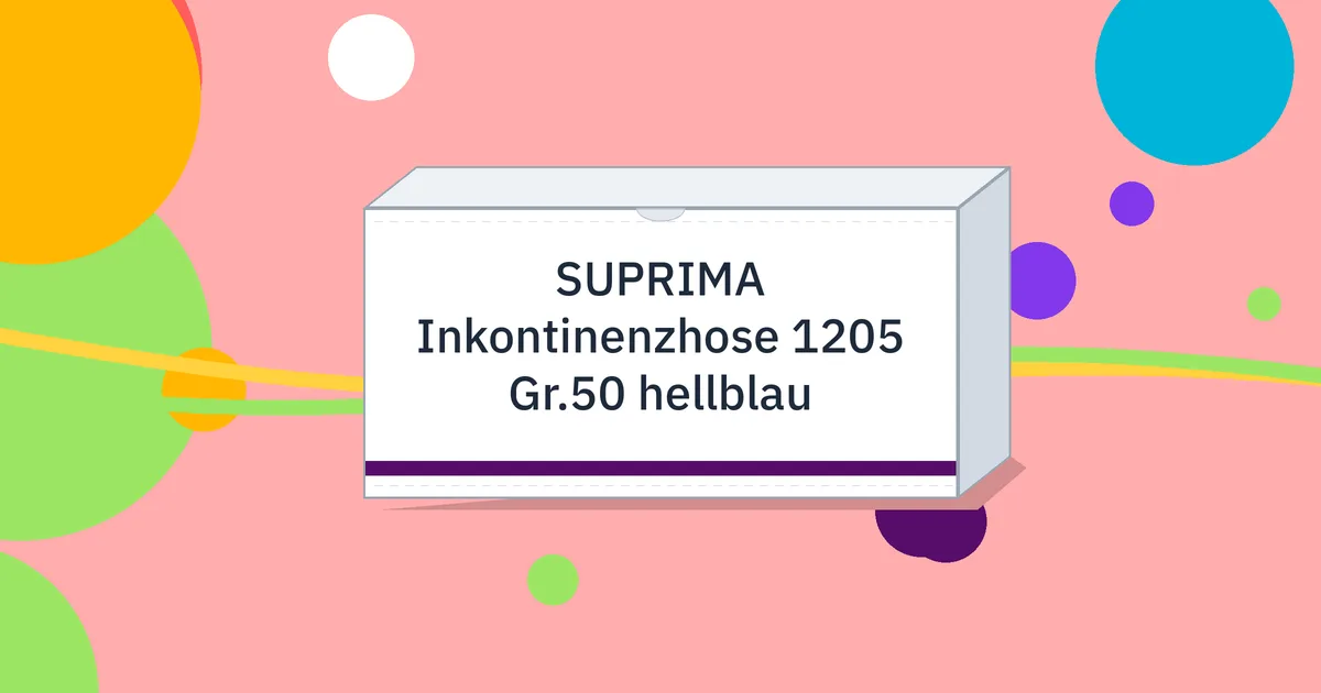 Symbolbild: Packung mit der Aufschrift SUPRIMA Inkontinenzhose 1205 Gr.50 hellblau (PZN 03020612) – Verfügbarkeit und Bezug in Apotheken in Frankfurt am Main