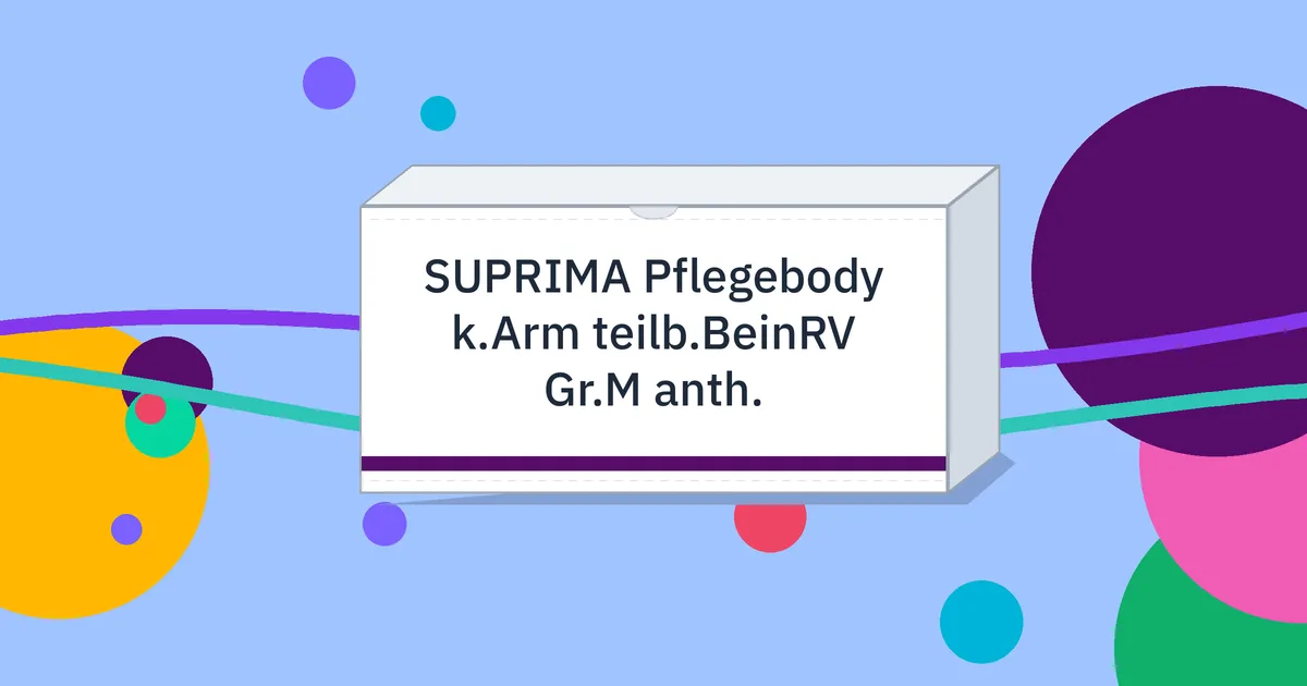 Symbolbild: Packung mit der Aufschrift SUPRIMA Pflegebody k.Arm teilb.BeinRV Gr.M anth. (PZN 10710866) – Verfügbarkeit und Bezug in Apotheken in Frankfurt am Main