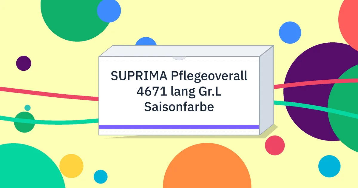 Symbolbild: Packung mit der Aufschrift SUPRIMA Pflegeoverall 4671 lang Gr.L Saisonfarbe (PZN 11659989) – Verfügbarkeit und Bezug in Apotheken in Frankfurt am Main