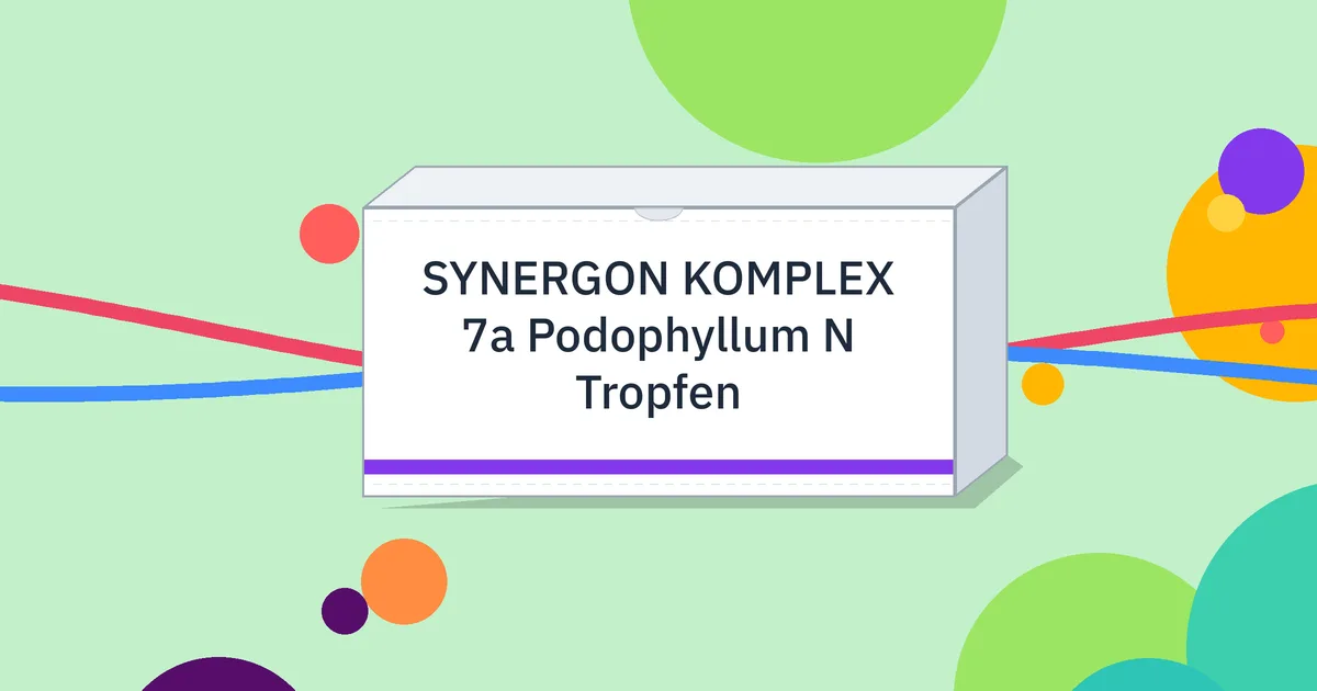 Symbolbild: Packung mit der Aufschrift SYNERGON KOMPLEX 7a Podophyllum N Tropfen (PZN 03574606) – Verfügbarkeit und Bezug in Apotheken in Frankfurt am Main