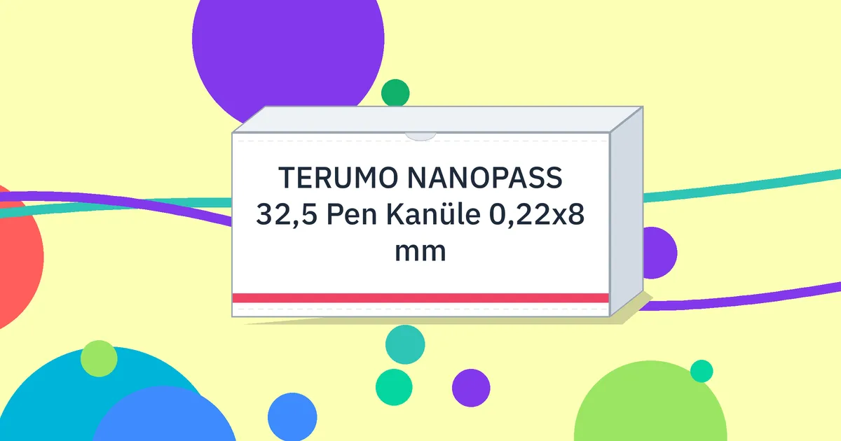 Symbolbild: Packung mit der Aufschrift TERUMO NANOPASS 32,5 Pen Kanüle 0,22x8 mm (PZN 04706754) – Verfügbarkeit und Bezug in Apotheken in Frankfurt am Main