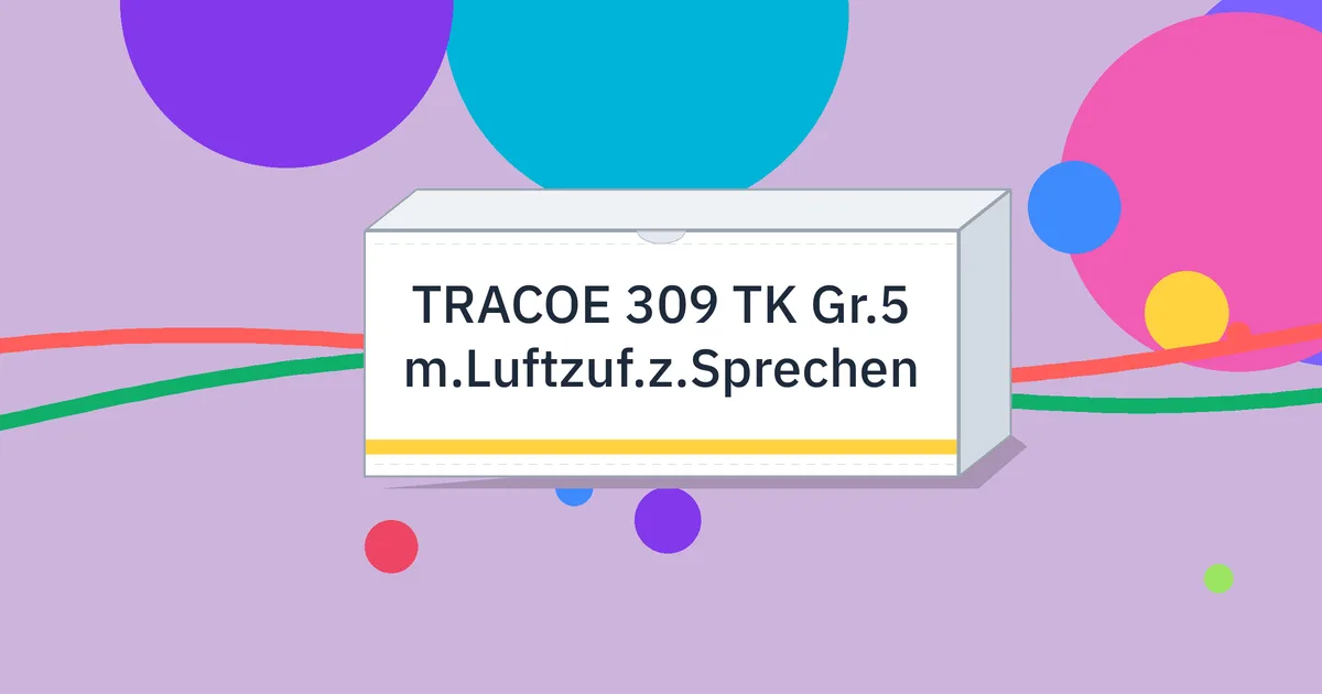 Symbolbild: Packung mit der Aufschrift TRACOE 309 TK Gr.5 m.Luftzuf.z.Sprechen (PZN 00921556) – Verfügbarkeit und Bezug in Apotheken in Frankfurt am Main