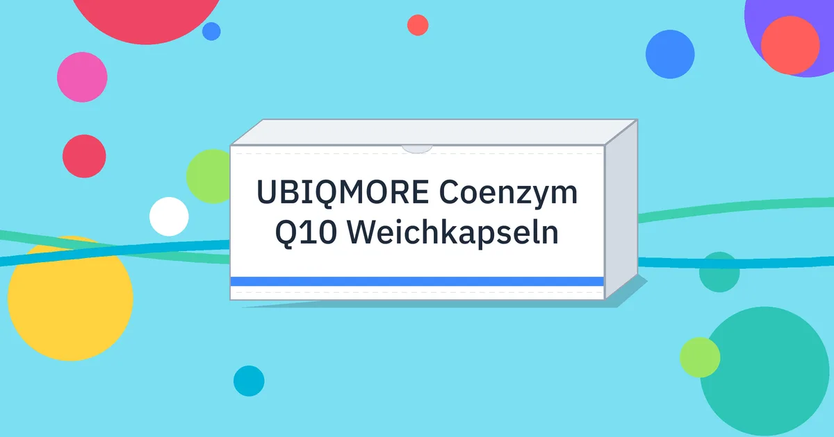 Symbolbild: Packung mit der Aufschrift UBIQMORE Coenzym Q10 Weichkapseln (PZN 19684521) – Verfügbarkeit und Bezug in Apotheken in Frankfurt am Main