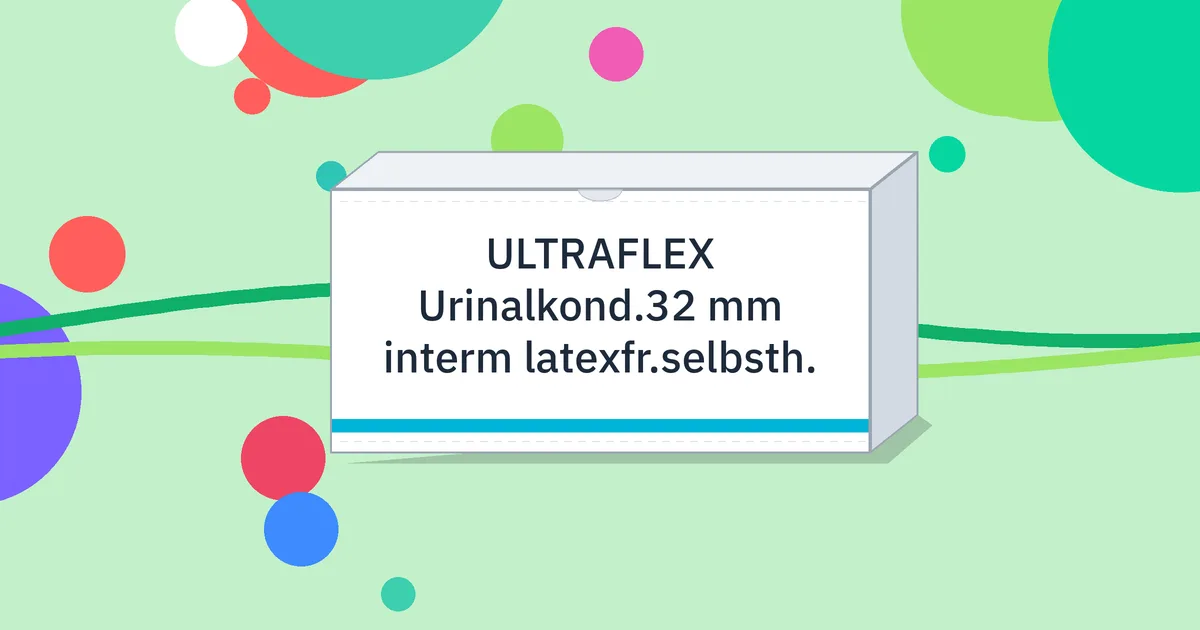 Symbolbild: Packung mit der Aufschrift ULTRAFLEX Urinalkond.32 mm interm latexfr.selbsth. (PZN 00671361) – Verfügbarkeit und Bezug in Apotheken in Frankfurt am Main