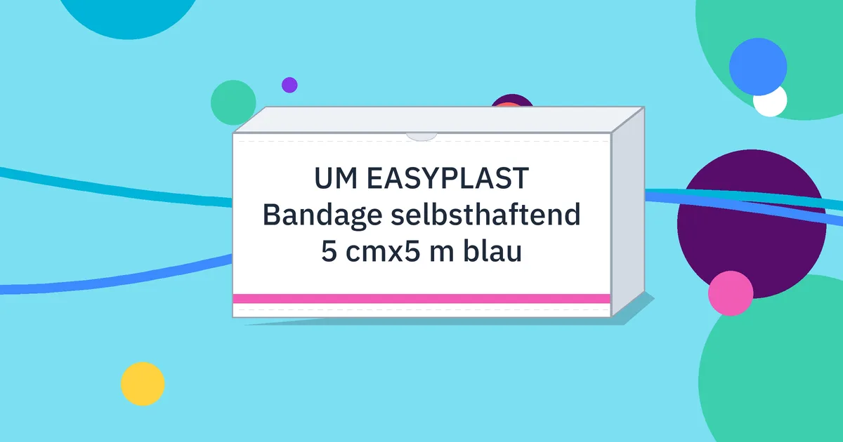 Symbolbild: Packung mit der Aufschrift UM EASYPLAST Bandage selbsthaftend 5 cmx5 m blau (PZN 18726921) – Verfügbarkeit und Bezug in Apotheken in Frankfurt am Main