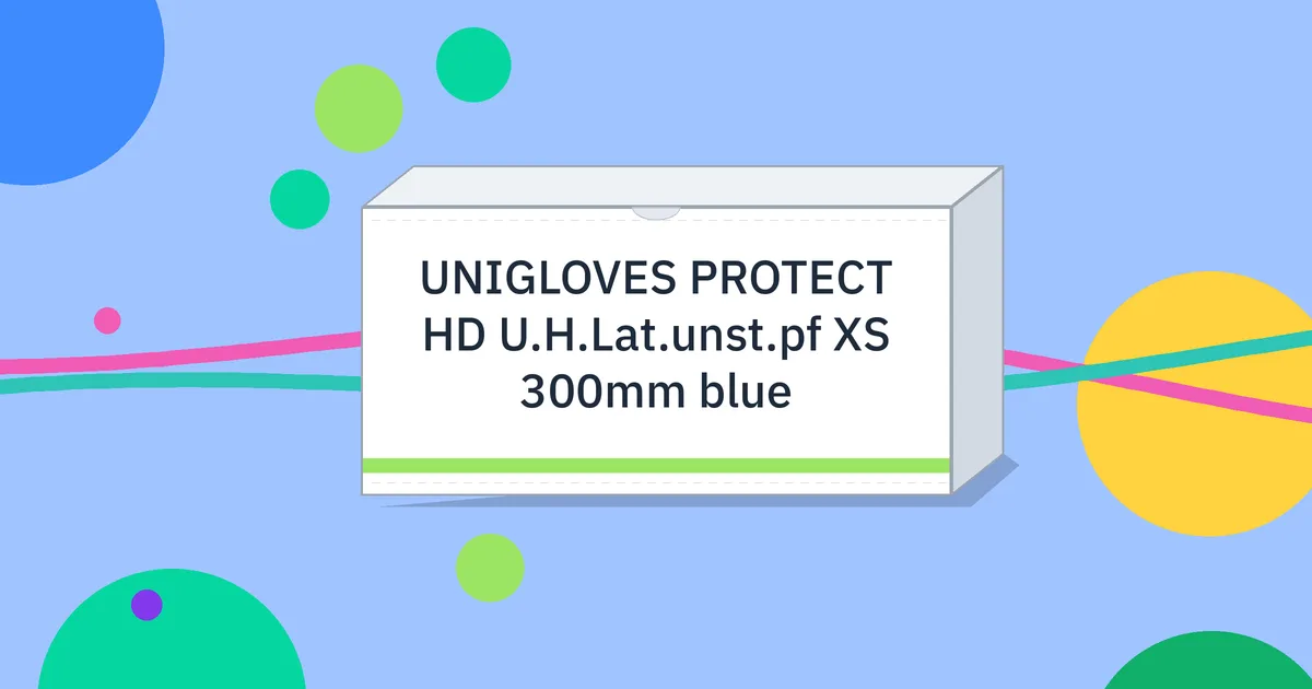 Symbolbild: Packung mit der Aufschrift UNIGLOVES PROTECT HD U.H.Lat.unst.pf XS 300mm blue (PZN 20366878) – Verfügbarkeit und Bezug in Apotheken in Frankfurt am Main