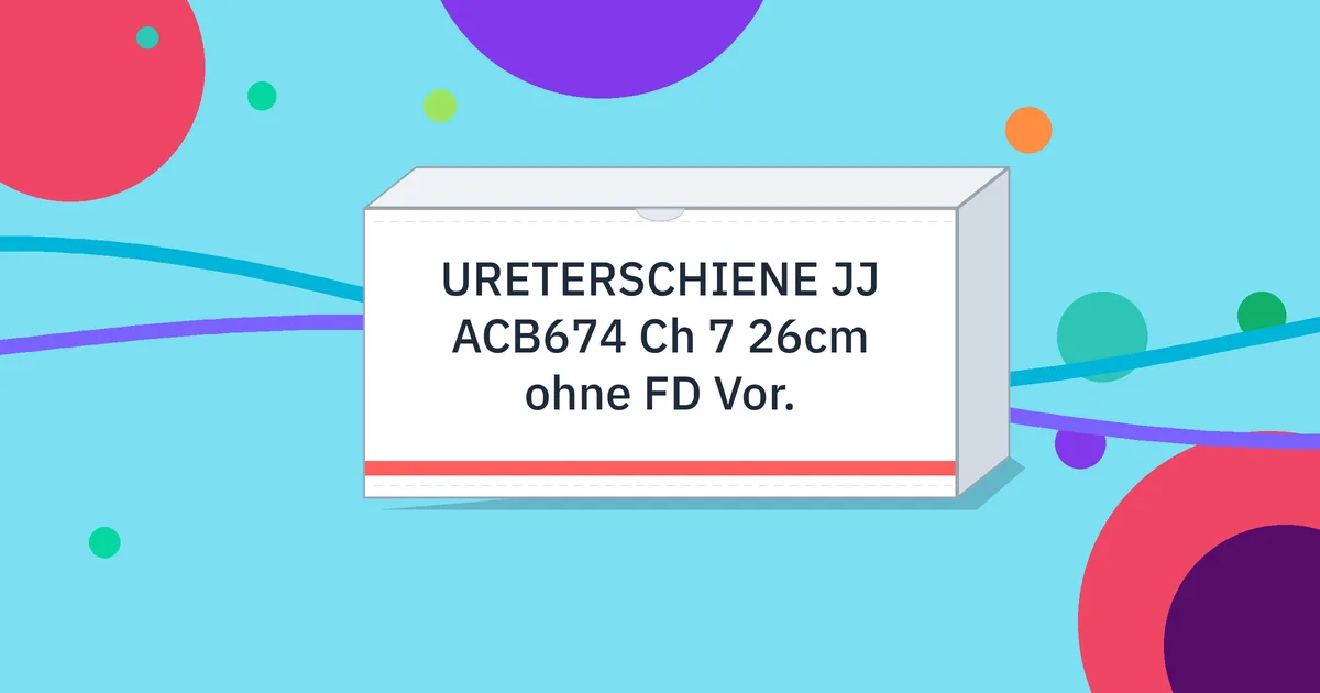 Symbolbild: Packung mit der Aufschrift URETERSCHIENE JJ ACB674 Ch 7 26cm ohne FD Vor. (PZN 00494060) – Verfügbarkeit und Bezug in Apotheken in Frankfurt am Main