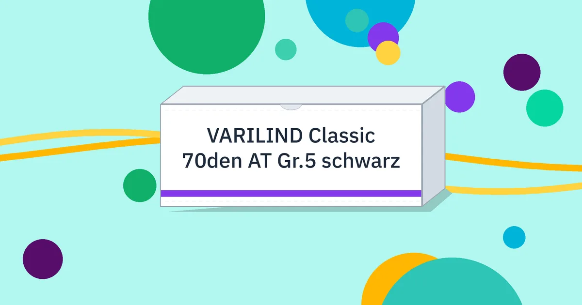 Symbolbild: Packung mit der Aufschrift VARILIND Classic 70den AT Gr.5 schwarz (PZN 09521835) – Verfügbarkeit und Bezug in Apotheken in Frankfurt am Main