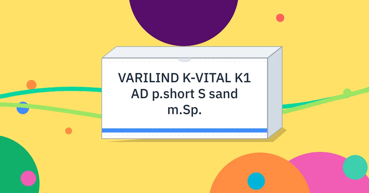 Symbolbild: Packung mit der Aufschrift VARILIND K-VITAL K1 AD p.short S sand m.Sp. (PZN 20565891) – Verfügbarkeit und Bezug in Apotheken in Frankfurt am Main