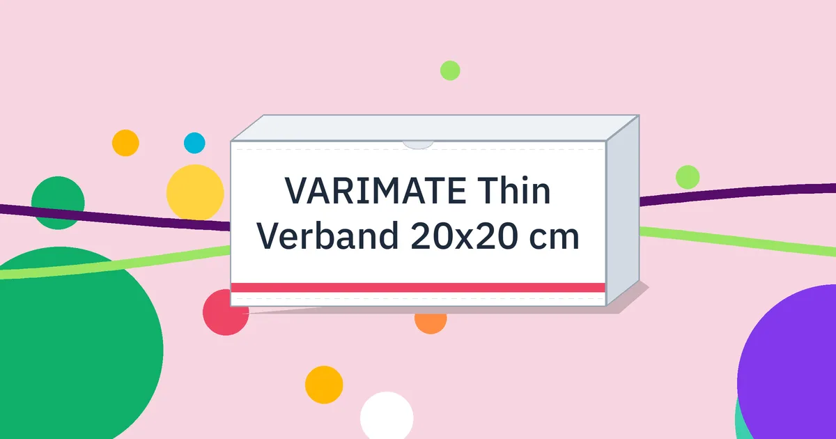 Symbolbild: Packung mit der Aufschrift VARIMATE Thin Verband 20x20 cm (PZN 02788624) – Verfügbarkeit und Bezug in Apotheken in Frankfurt am Main