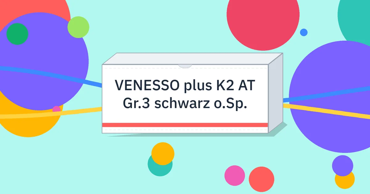 Symbolbild: Packung mit der Aufschrift VENESSO plus K2 AT Gr.3 schwarz o.Sp. (PZN 03288792) – Verfügbarkeit und Bezug in Apotheken in Frankfurt am Main