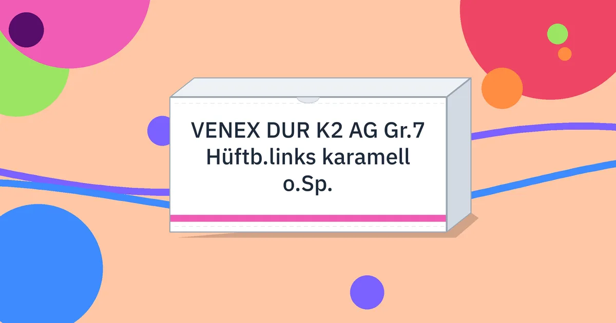 Symbolbild: Packung mit der Aufschrift VENEX DUR K2 AG Gr.7 Hüftb.links karamell o.Sp. (PZN 13761491) – Verfügbarkeit und Bezug in Apotheken in Frankfurt am Main