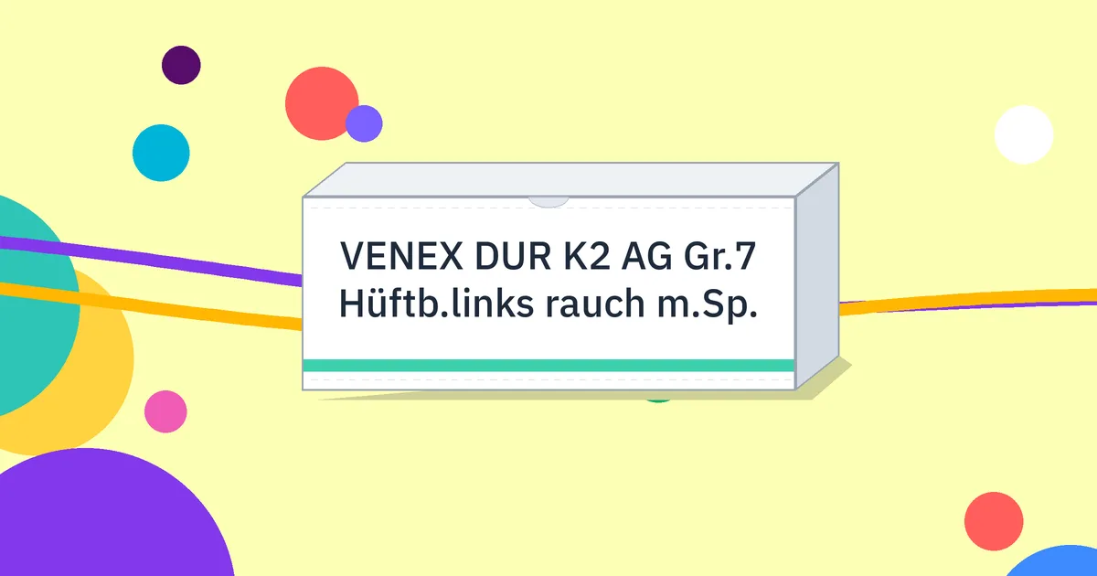 Symbolbild: Packung mit der Aufschrift VENEX DUR K2 AG Gr.7 Hüftb.links rauch m.Sp. (PZN 03225573) – Verfügbarkeit und Bezug in Apotheken in Frankfurt am Main