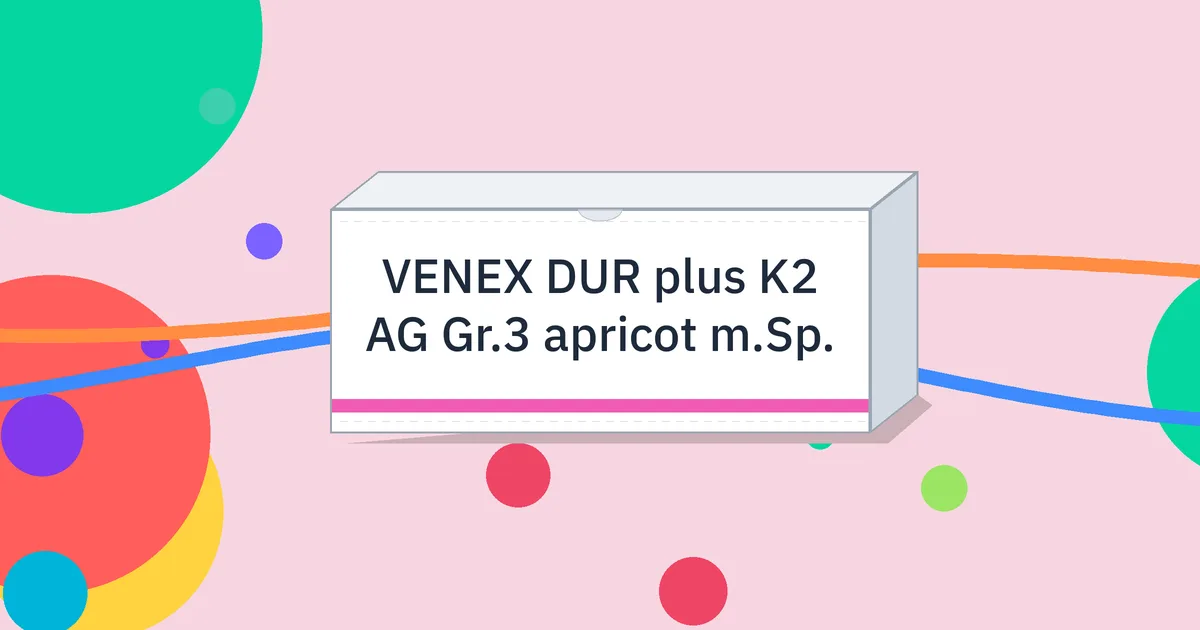Symbolbild: Packung mit der Aufschrift VENEX DUR plus K2 AG Gr.3 apricot m.Sp. (PZN 03235287) – Verfügbarkeit und Bezug in Apotheken in Frankfurt am Main