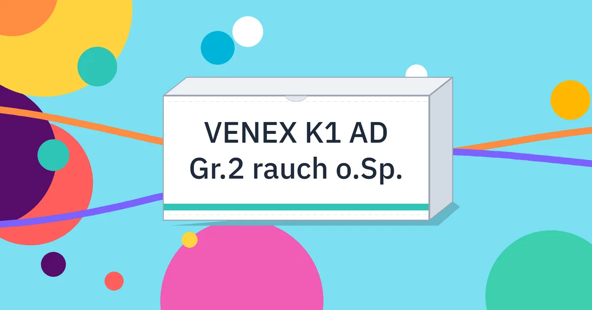 Symbolbild: Packung mit der Aufschrift VENEX K1 AD Gr.2 rauch o.Sp. (PZN 03184762) – Verfügbarkeit und Bezug in Apotheken in Frankfurt am Main