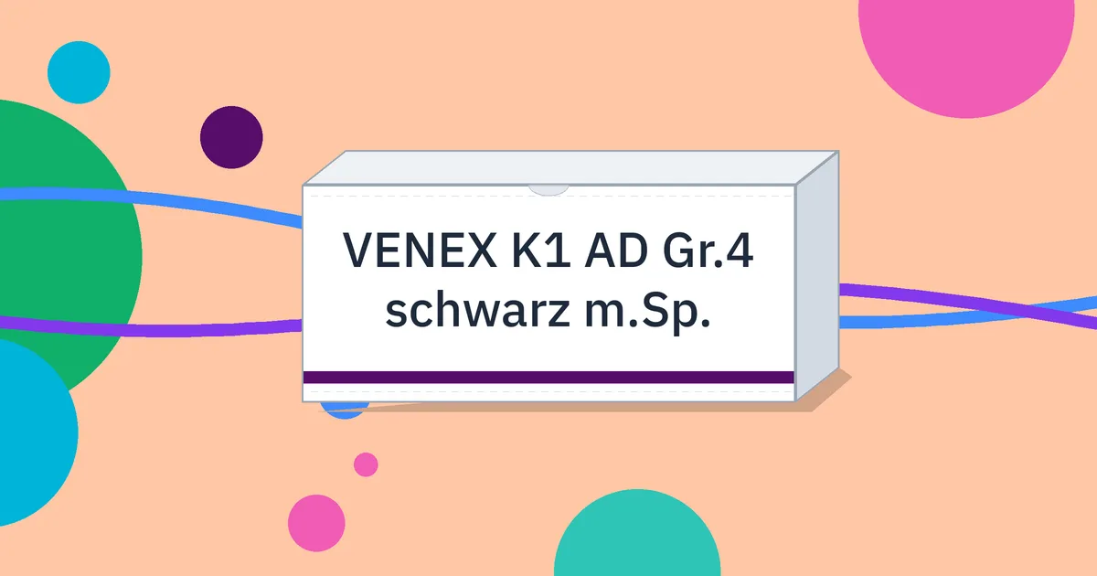 Symbolbild: Packung mit der Aufschrift VENEX K1 AD Gr.4 schwarz m.Sp. (PZN 03184302) – Verfügbarkeit und Bezug in Apotheken in Frankfurt am Main