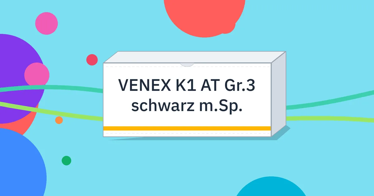 Symbolbild: Packung mit der Aufschrift VENEX K1 AT Gr.3 schwarz m.Sp. (PZN 03196682) – Verfügbarkeit und Bezug in Apotheken in Frankfurt am Main