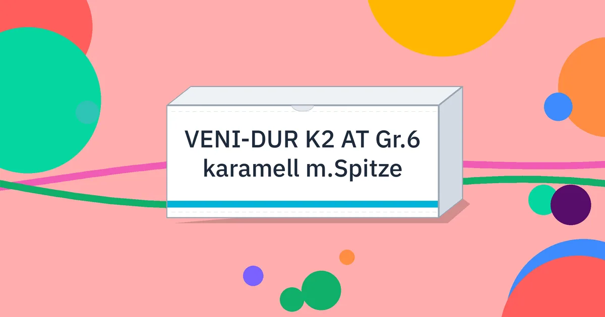 Symbolbild: Packung mit der Aufschrift VENI-DUR K2 AT Gr.6 karamell m.Spitze (PZN 13757006) – Verfügbarkeit und Bezug in Apotheken in Frankfurt am Main