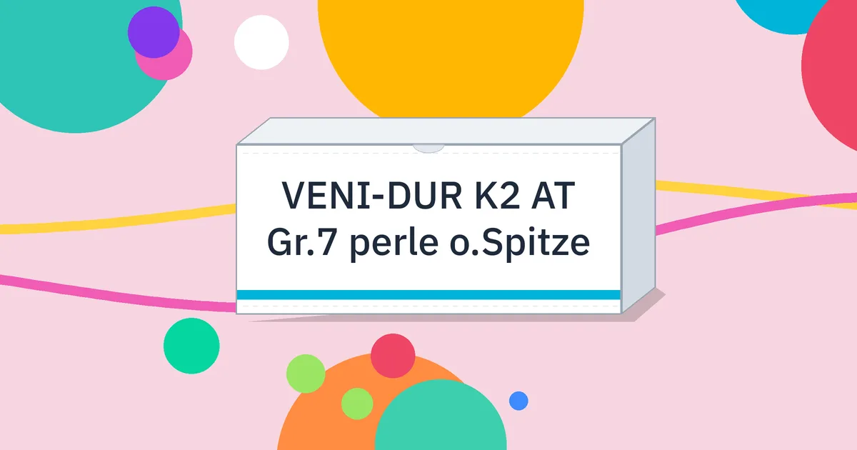 Symbolbild: Packung mit der Aufschrift VENI-DUR K2 AT Gr.7 perle o.Spitze (PZN 03244085) – Verfügbarkeit und Bezug in Apotheken in Frankfurt am Main