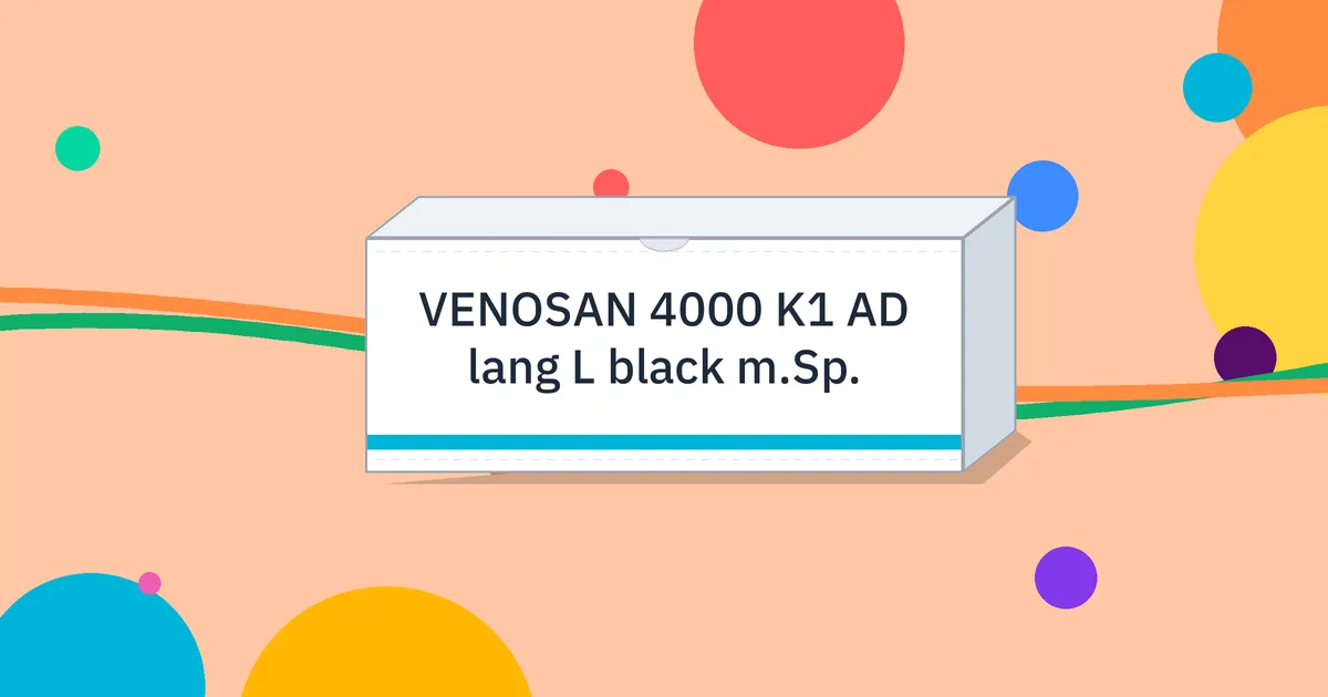 Symbolbild: Packung mit der Aufschrift VENOSAN 4000 K1 AD lang L black m.Sp. (PZN 14426369) – Verfügbarkeit und Bezug in Apotheken in Frankfurt am Main