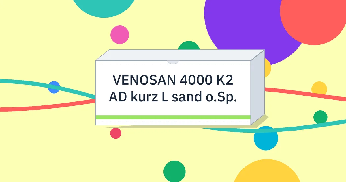 Symbolbild: Packung mit der Aufschrift VENOSAN 4000 K2 AD kurz L sand o.Sp. (PZN 14422437) – Verfügbarkeit und Bezug in Apotheken in Frankfurt am Main