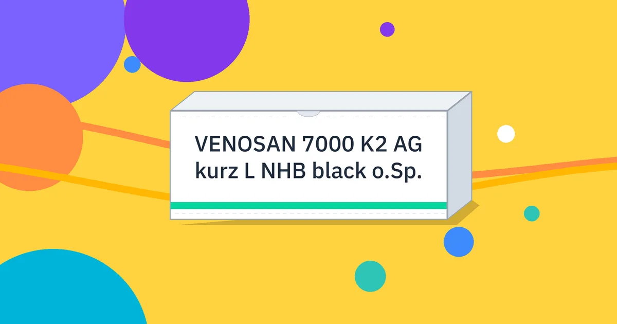Symbolbild: Packung mit der Aufschrift VENOSAN 7000 K2 AG kurz L NHB black o.Sp. (PZN 14436008) – Verfügbarkeit und Bezug in Apotheken in Frankfurt am Main