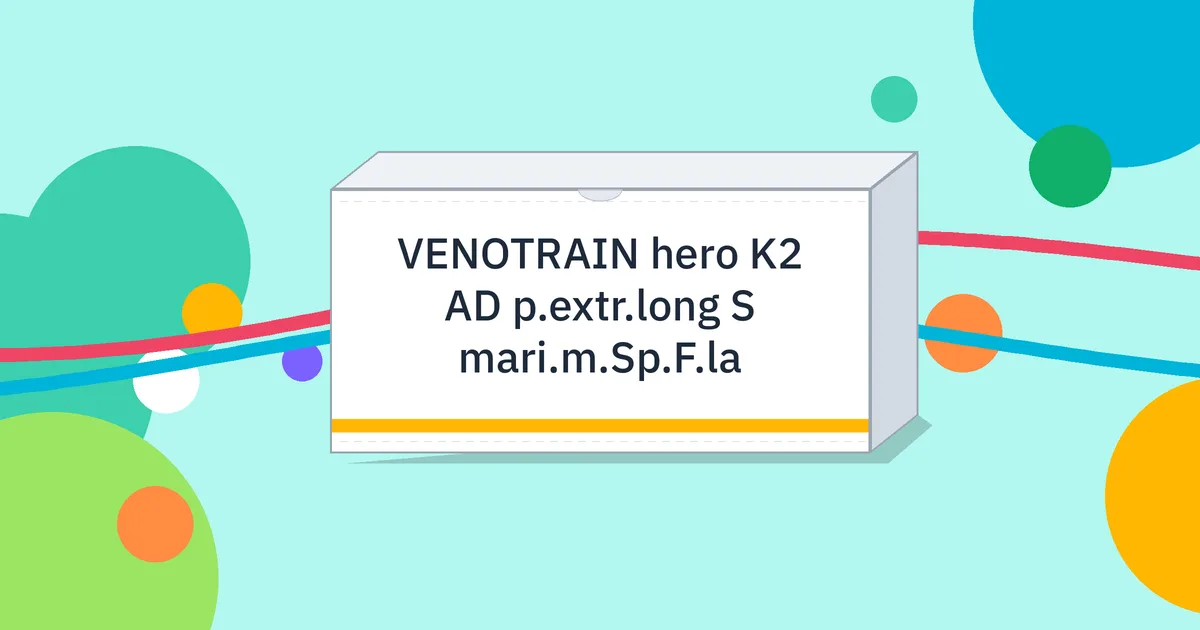 Symbolbild: Packung mit der Aufschrift VENOTRAIN hero K2 AD p.extr.long S mari.m.Sp.F.la (PZN 19189508) – Verfügbarkeit und Bezug in Apotheken in Frankfurt am Main