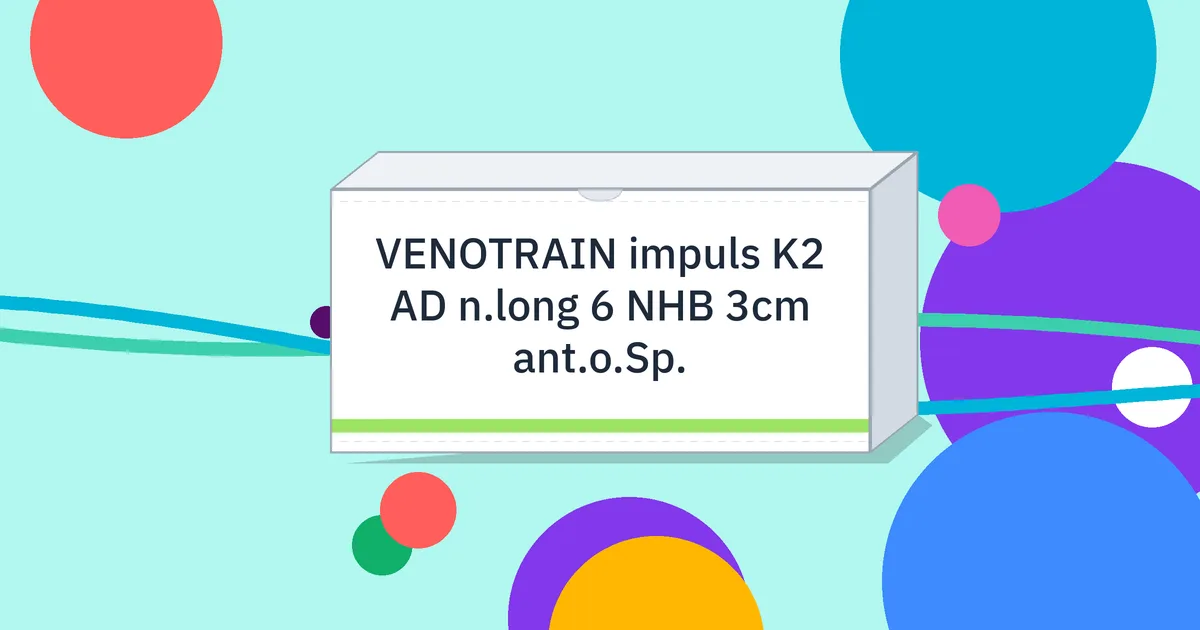 Symbolbild: Packung mit der Aufschrift VENOTRAIN impuls K2 AD n.long 6 NHB 3cm ant.o.Sp. (PZN 15224432) – Verfügbarkeit und Bezug in Apotheken in Frankfurt am Main