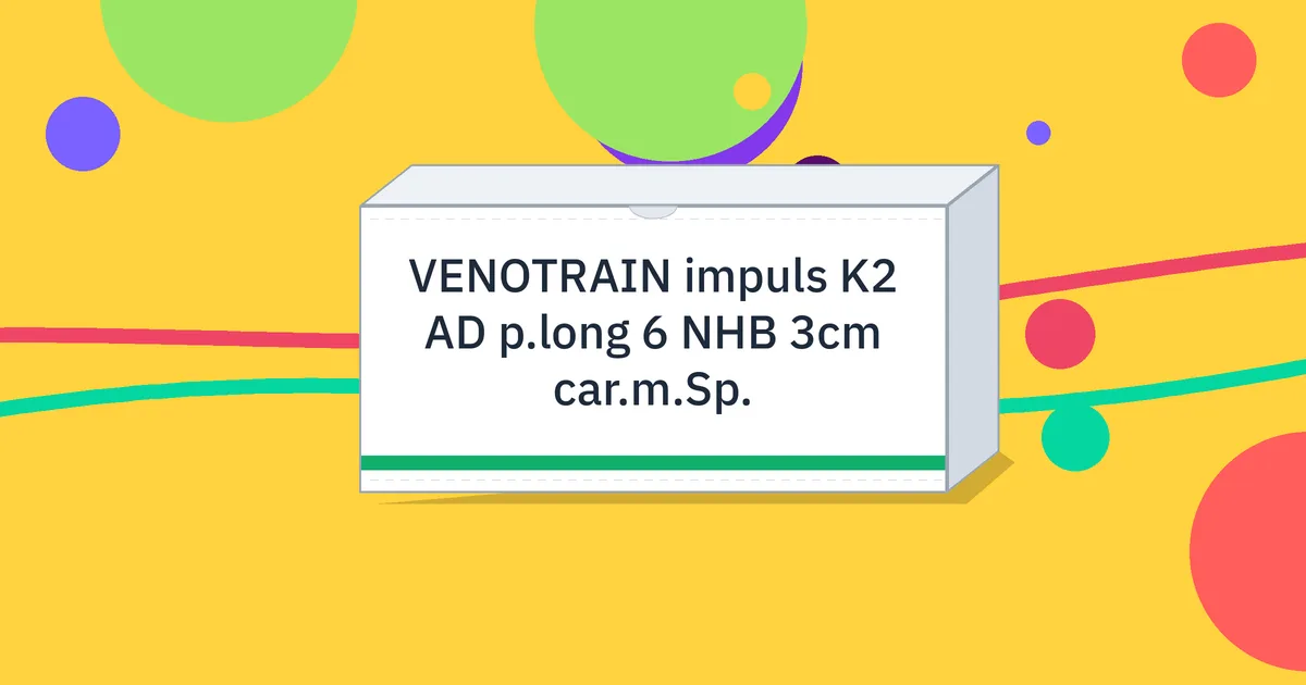 Symbolbild: Packung mit der Aufschrift VENOTRAIN impuls K2 AD p.long 6 NHB 3cm car.m.Sp. (PZN 00649462) – Verfügbarkeit und Bezug in Apotheken in Frankfurt am Main