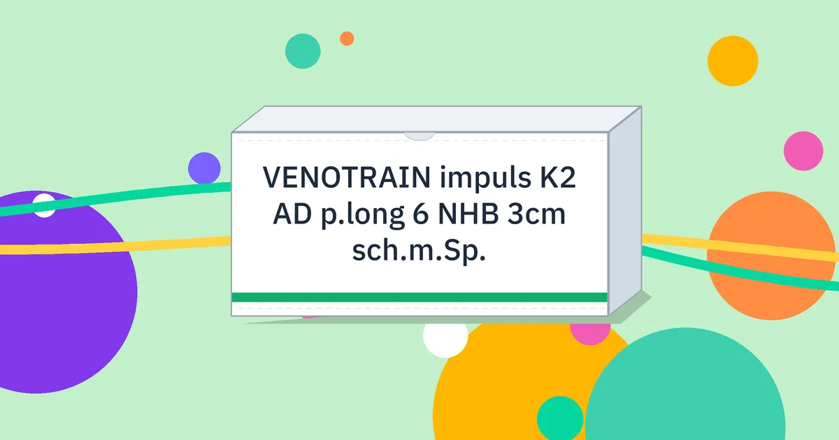 Symbolbild: Packung mit der Aufschrift VENOTRAIN impuls K2 AD p.long 6 NHB 3cm sch.m.Sp. (PZN 00652369) – Verfügbarkeit und Bezug in Apotheken in Frankfurt am Main