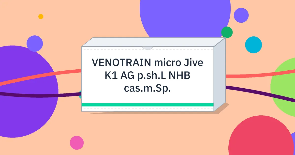 Symbolbild: Packung mit der Aufschrift VENOTRAIN micro Jive K1 AG p.sh.L NHB cas.m.Sp. (PZN 20767519) – Verfügbarkeit und Bezug in Apotheken in Frankfurt am Main