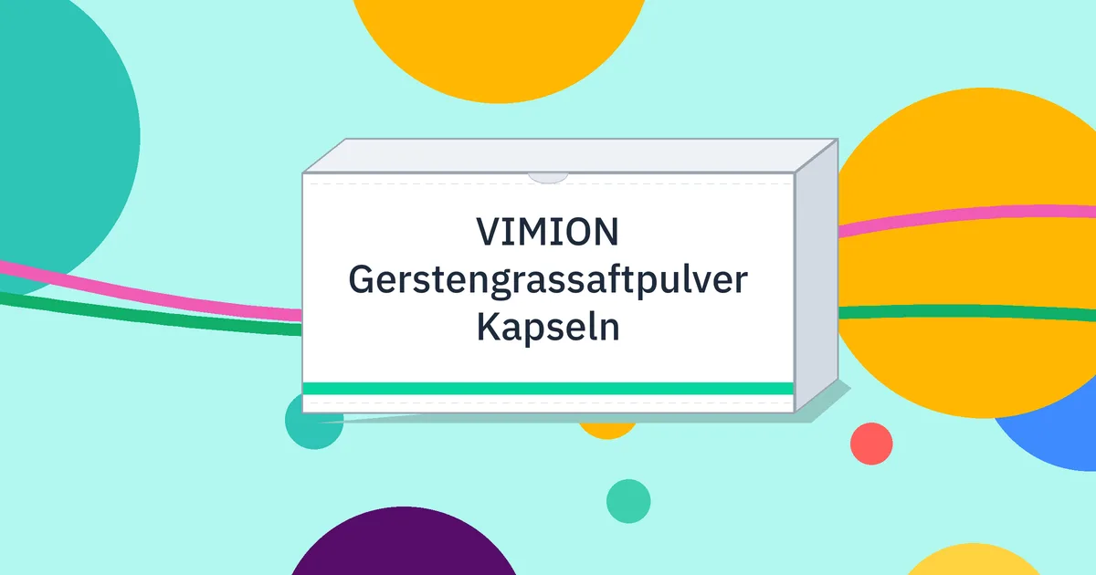 Symbolbild: Packung mit der Aufschrift VIMION Gerstengrassaftpulver Kapseln (PZN 19860461) – Verfügbarkeit und Bezug in Apotheken in Frankfurt am Main