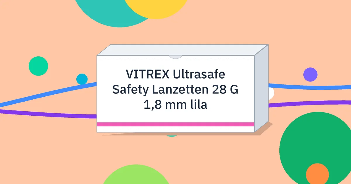 Symbolbild: Packung mit der Aufschrift VITREX Ultrasafe Safety Lanzetten 28 G 1,8 mm lila (PZN 20130147) – Verfügbarkeit und Bezug in Apotheken in Frankfurt am Main