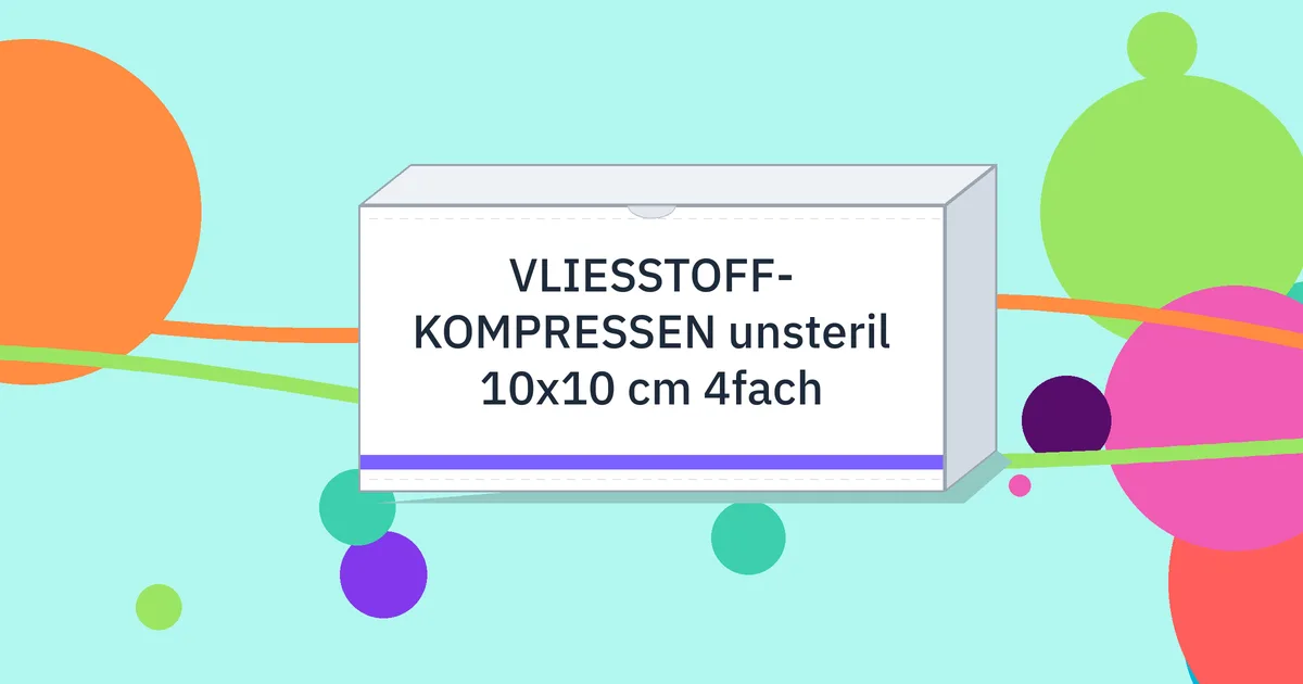 Symbolbild: Packung mit der Aufschrift VLIESSTOFF-KOMPRESSEN unsteril 10x10 cm 4fach (PZN 03823914) – Verfügbarkeit und Bezug in Apotheken in Frankfurt am Main