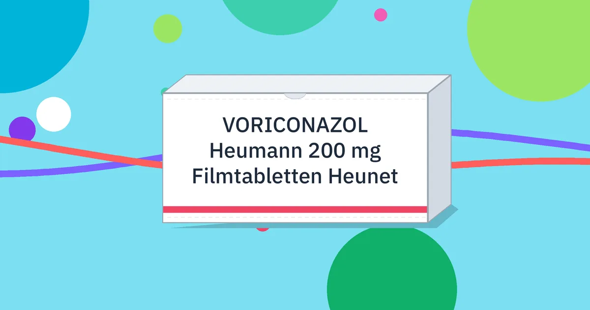 Symbolbild: Packung mit der Aufschrift VORICONAZOL Heumann 200 mg Filmtabletten Heunet (PZN 16196778) – Verfügbarkeit und Bezug in Apotheken in Frankfurt am Main